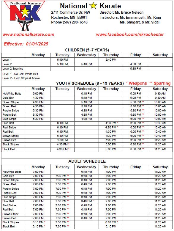 Martial Arts Class Schedule | National Karate of Rochester