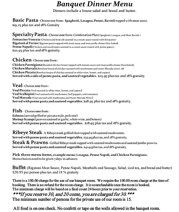 Andiamo Ristorante Italiano Banquet Menu | Clovis, CA
