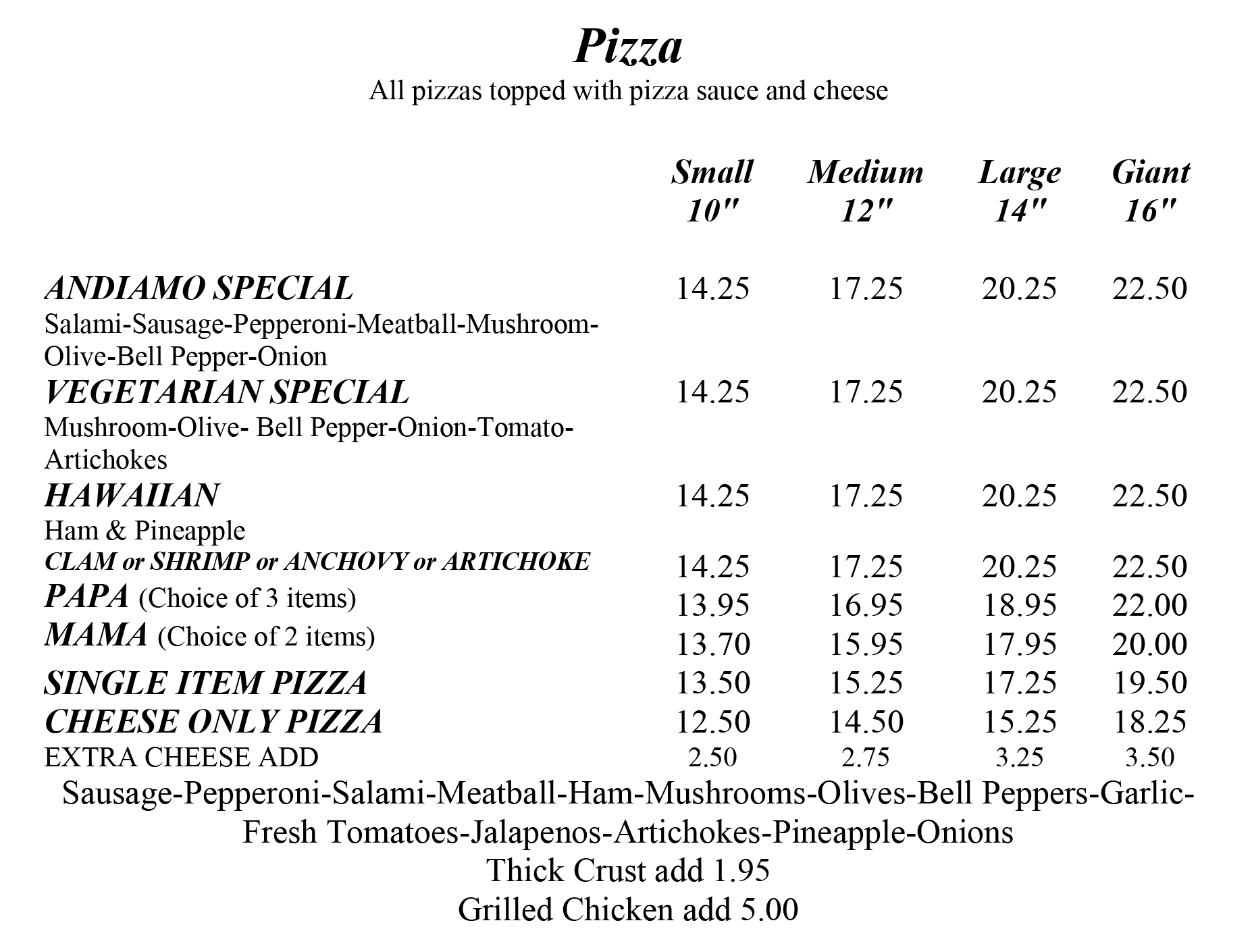 Andiamo Ristorante Italiano Dinner Menu | Clovis, CA