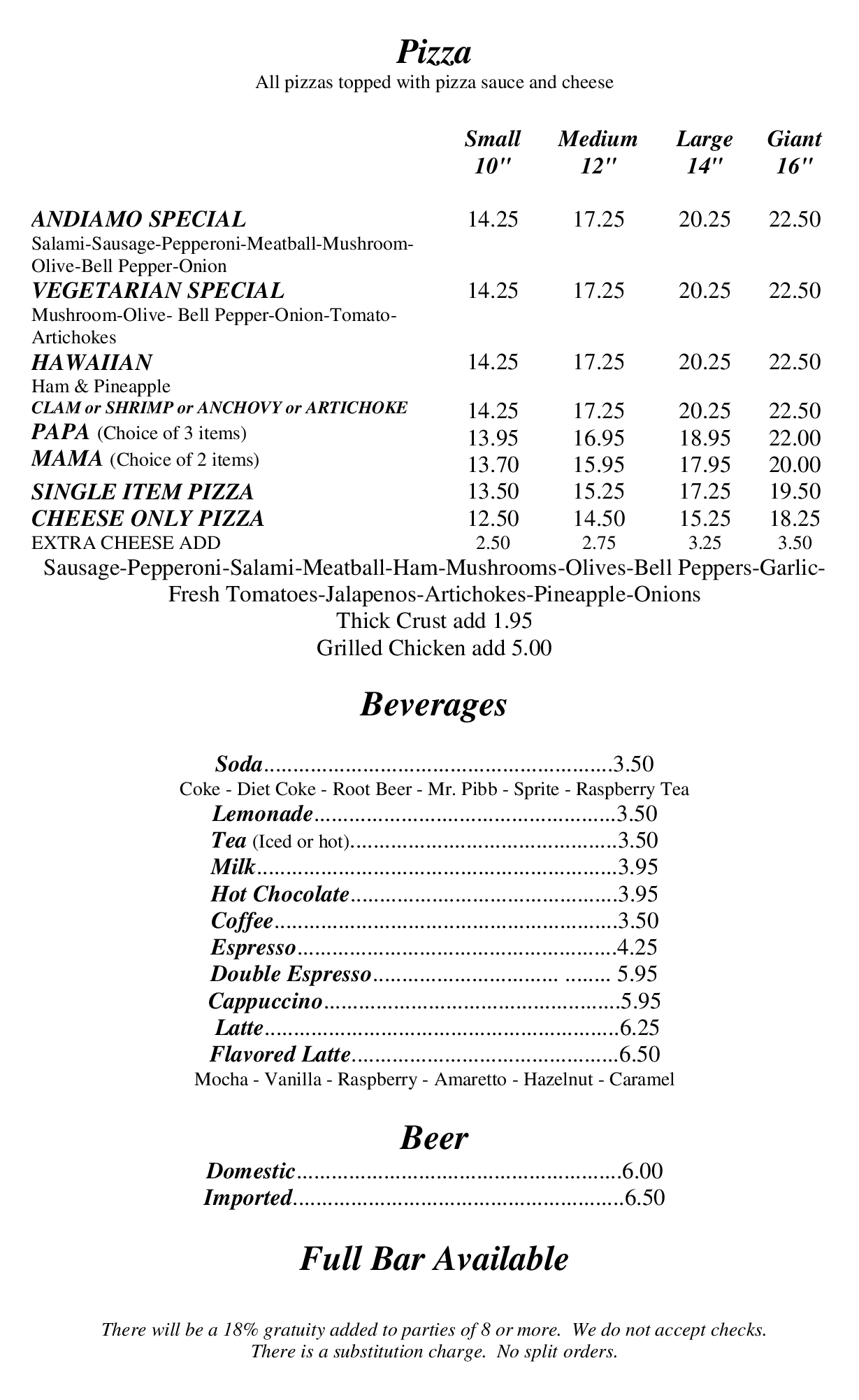 Andiamo Ristorante Italiano Lunch Menu | Clovis, CA