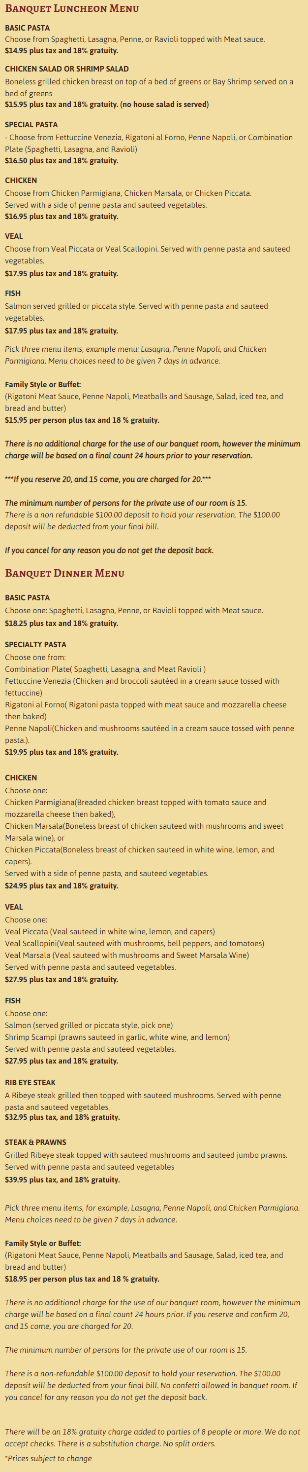 Andiamo Ristorante Italiano Banquet Menu | Clovis, CA