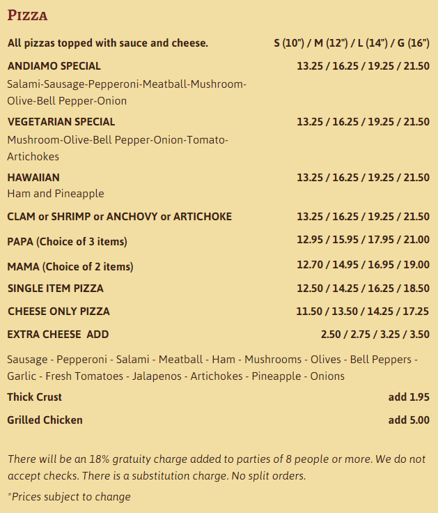 Andiamo Ristorante Italiano Pizza Menu | Clovis, CA