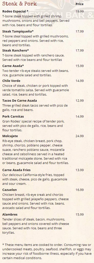 Gran Rodeo Mexican Bar & Grill Beef and Pork Menu Chesapeake