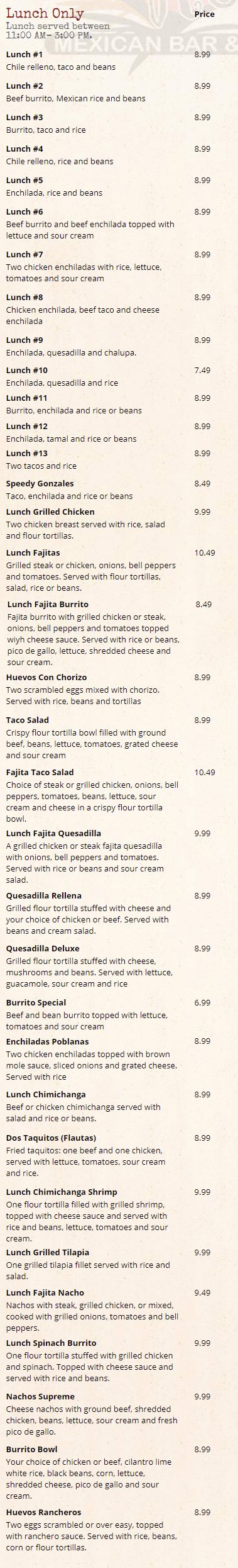 Gran Rodeo Mexican Bar & Grill Lunch, Kids, & Sides Menu Chesapeake