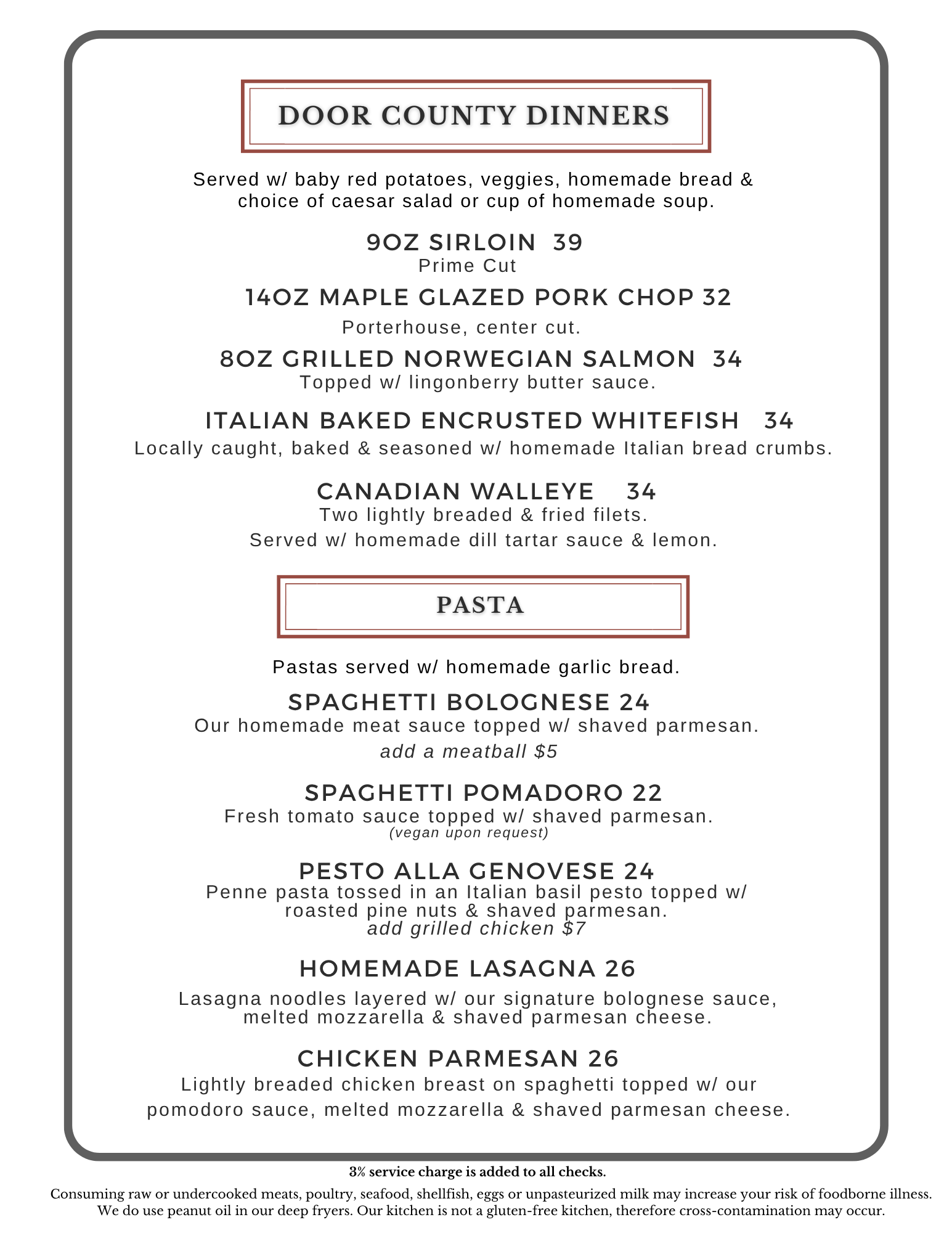Northern Grill & Pub Main Menu | Sister Bay, WI