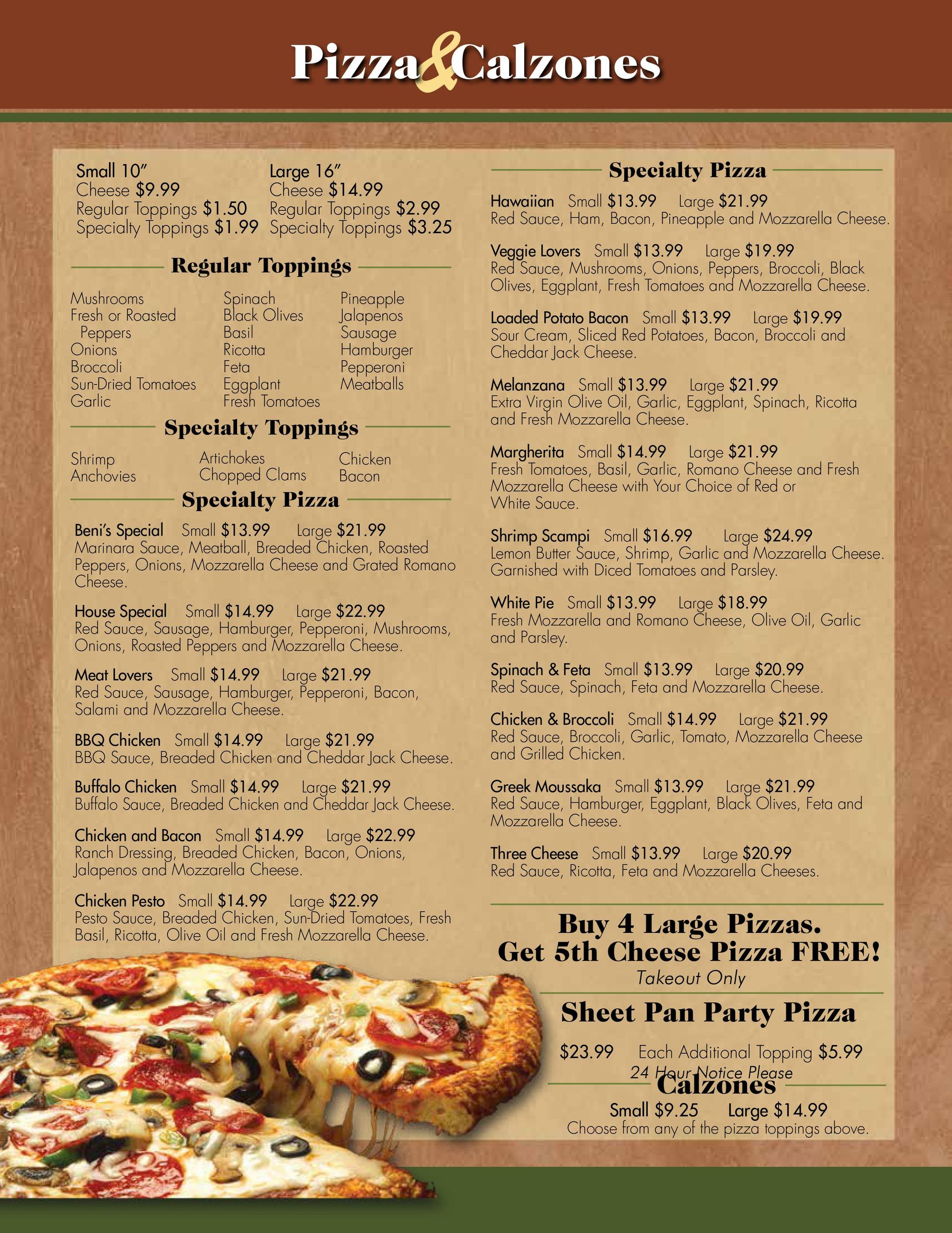 Ellington Pizza Restaurant Pizza & Calzones Menu I Ellington, CT