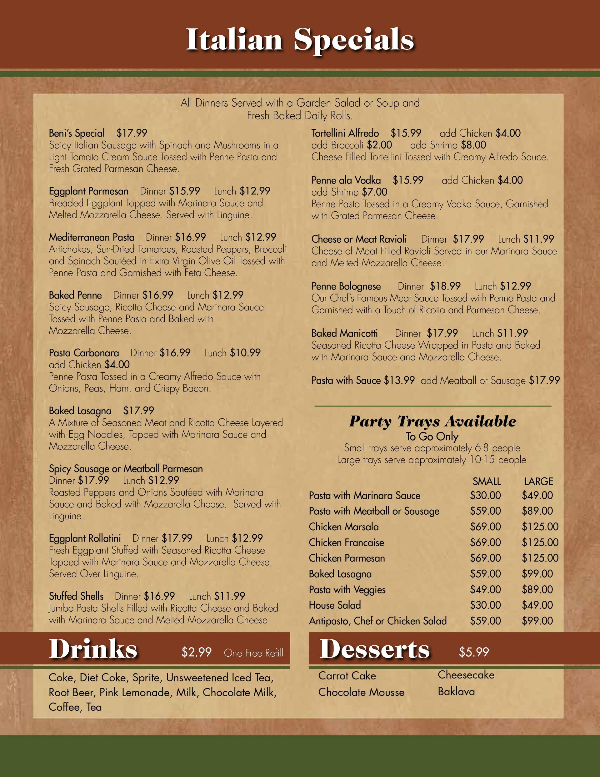 Ellington Pizza Restaurant Italian Special Menu Ellington CT