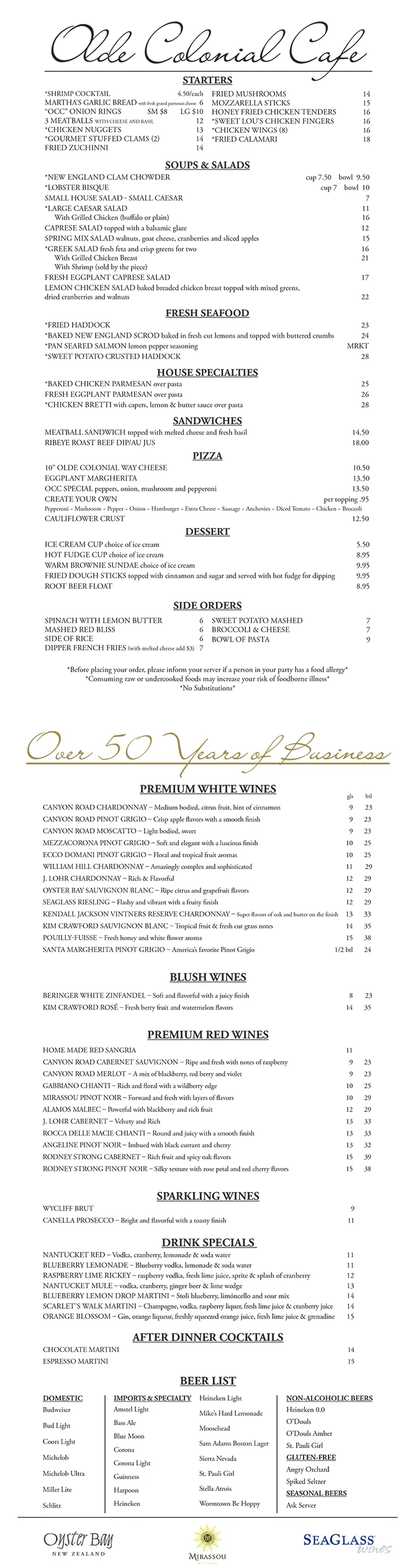 Olde Colonial Café Dinner Menu | Norwood, MA