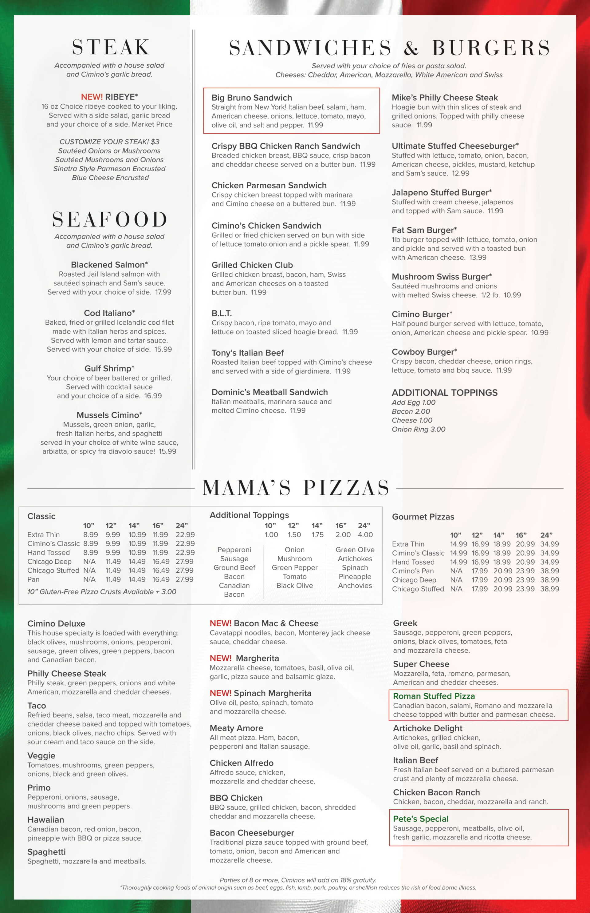 Cimino's Little Italy Main Menu | Freeport, IL