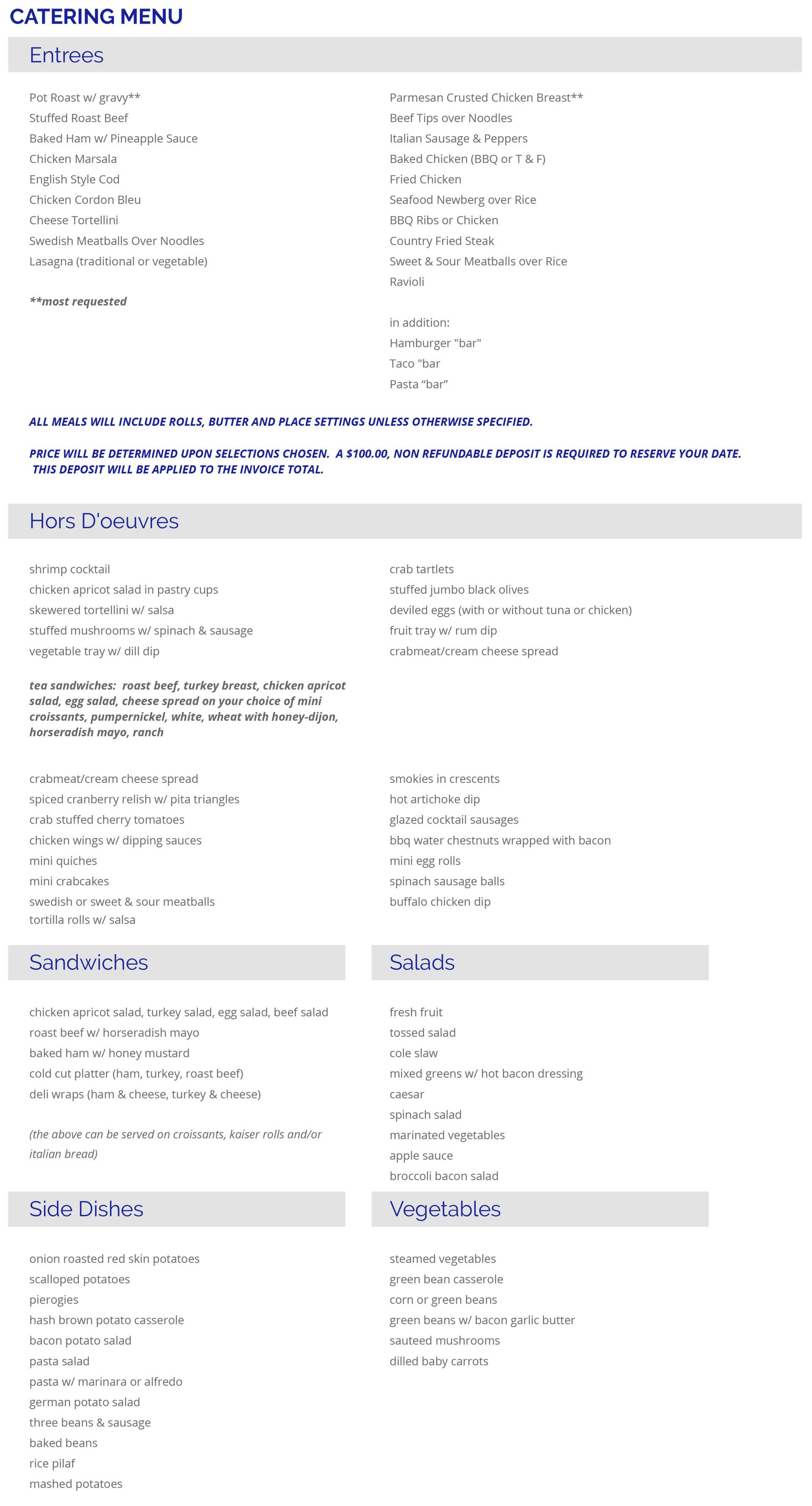 Catering Menu | Monroe Hotel | Butler, PA