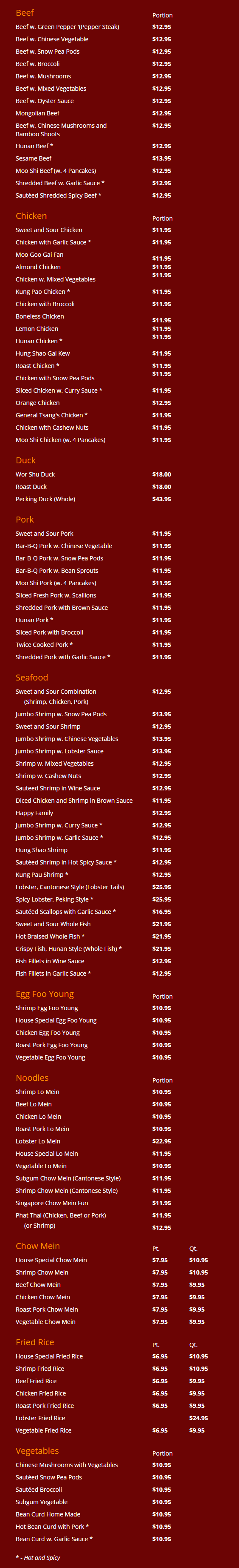 Dragon House Chinese Restaurant Dinner Menu Penfield NY