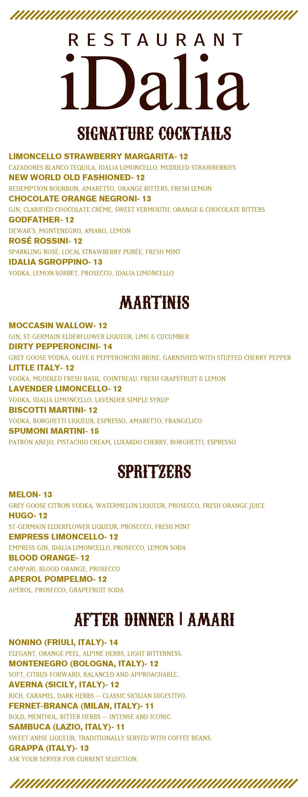 Restaurant Menus | Restaurant iDalia | Parrish, FL