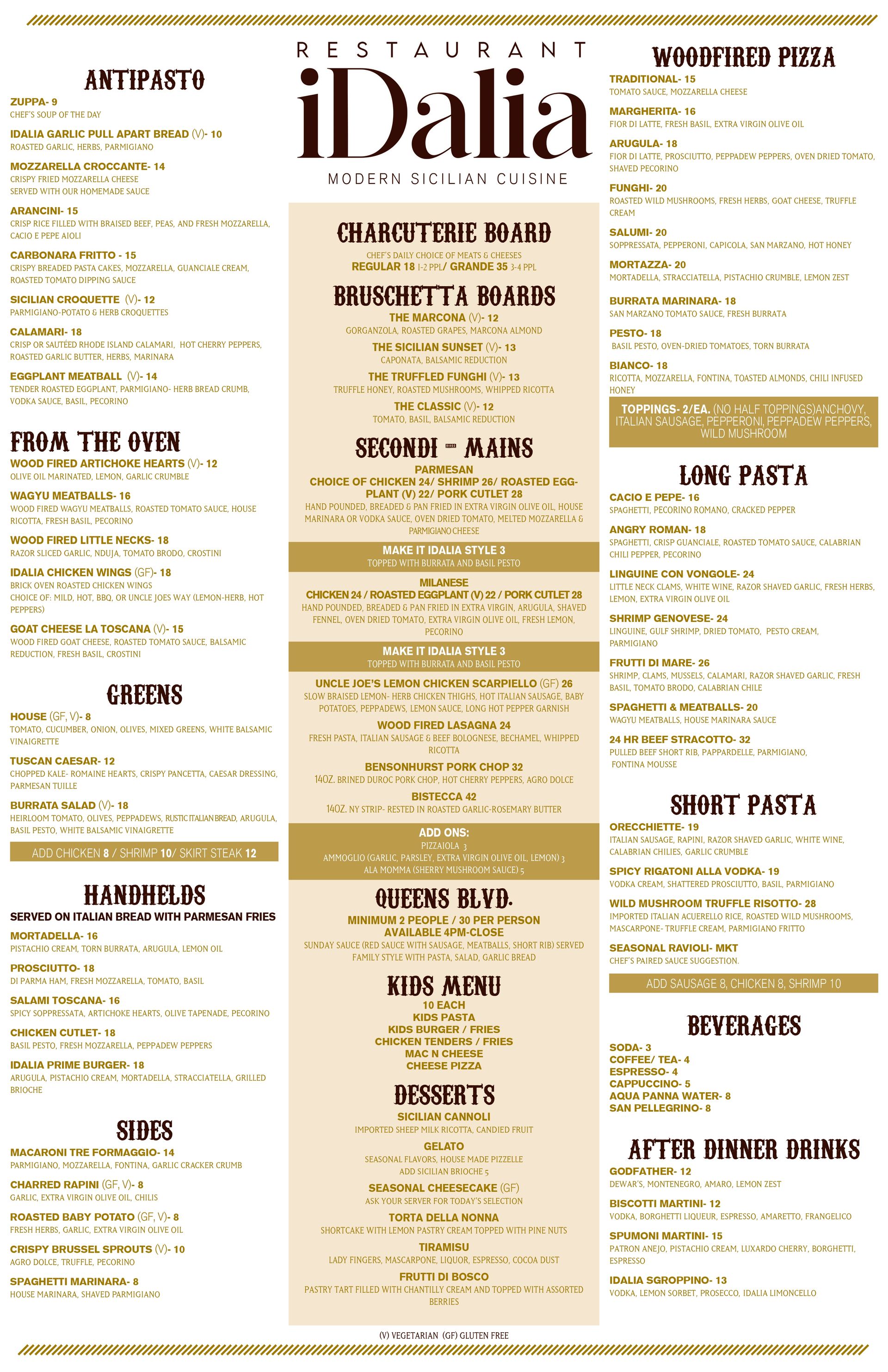 Restaurant Menus | Restaurant iDalia | Parrish, FL