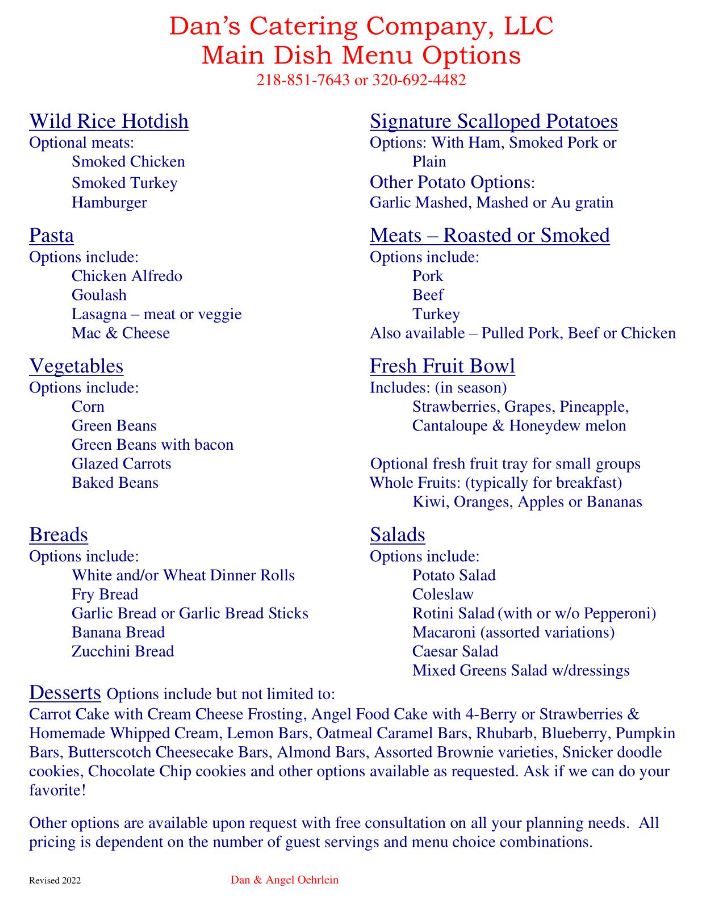 Catering Menu | Dan's Catering Company LLC