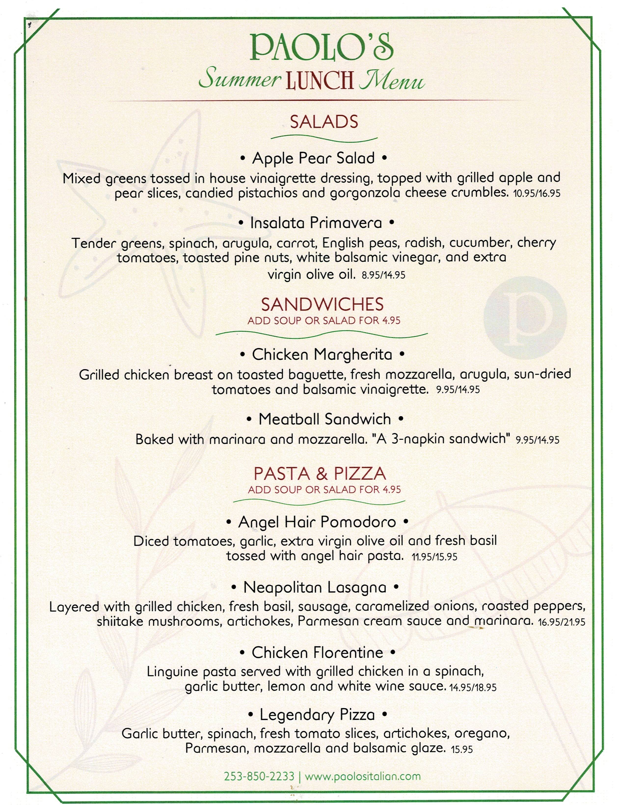 Paolo's Italian Restaurant | Lunch and Dinner | Kent, WA