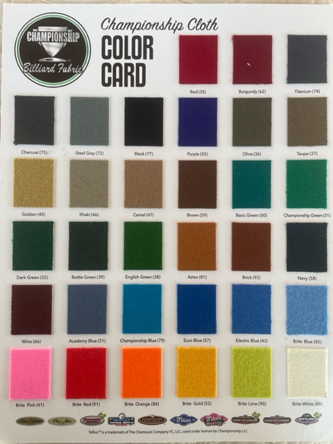 Pool Table Cloth Color and Sizing Charts | Morrisville, PA