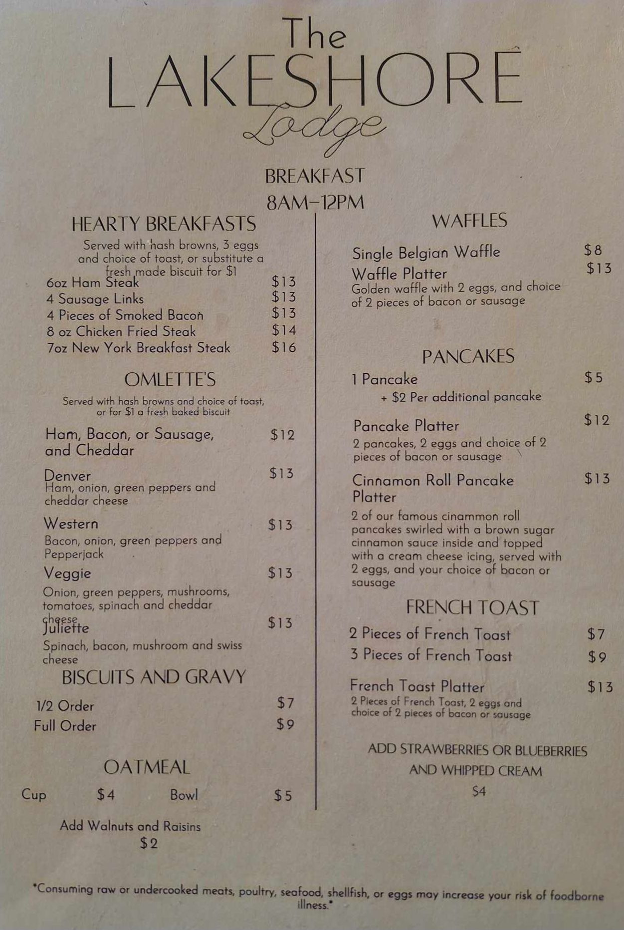 Breakfast Menu | Lakeshore Lodge
