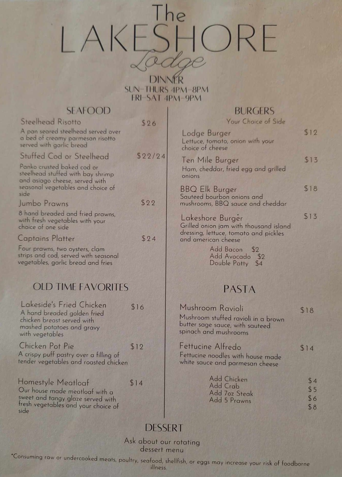 Dinner Menu | Lakeshore Lodge