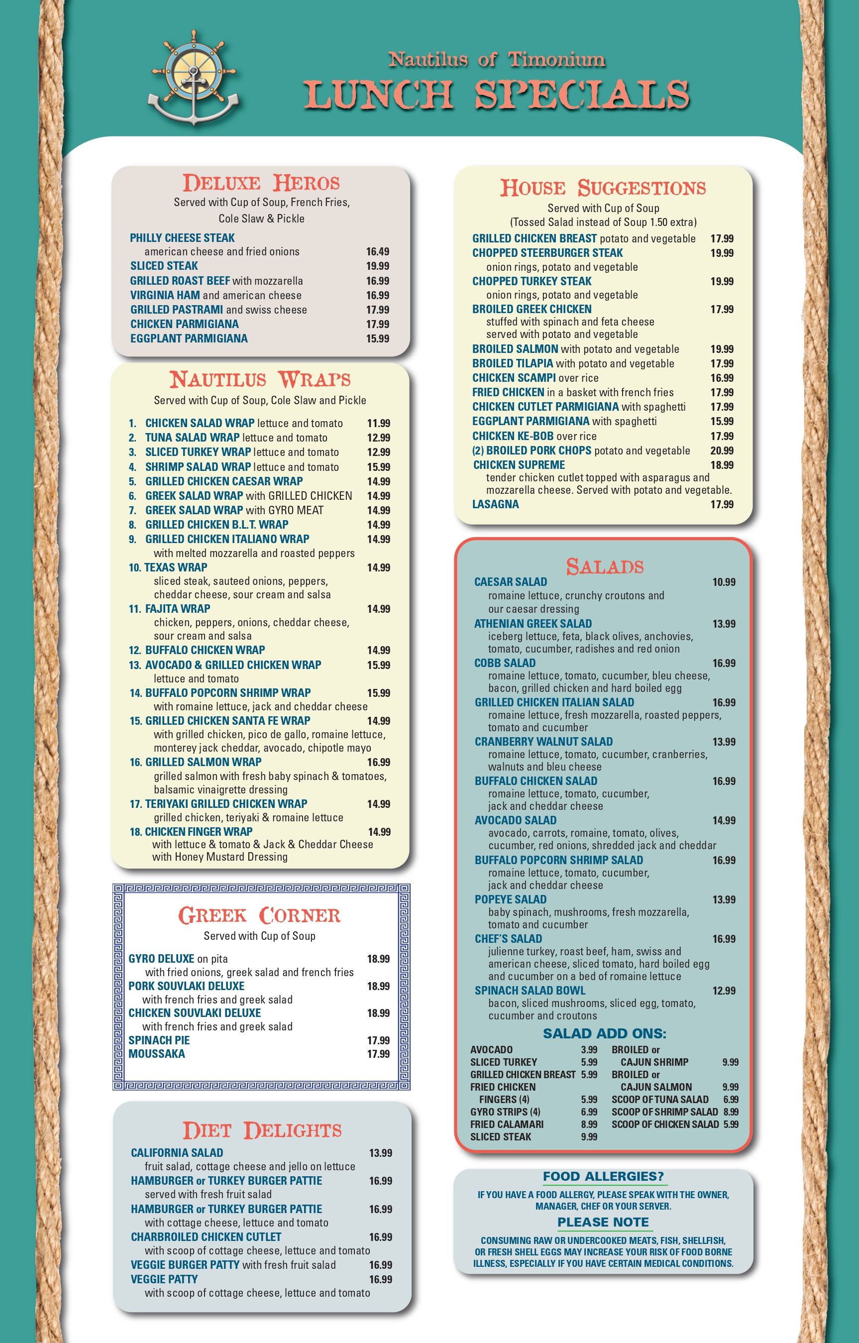 Nautilus Diner-Restaurant Timonium Menu | Timonium, MD