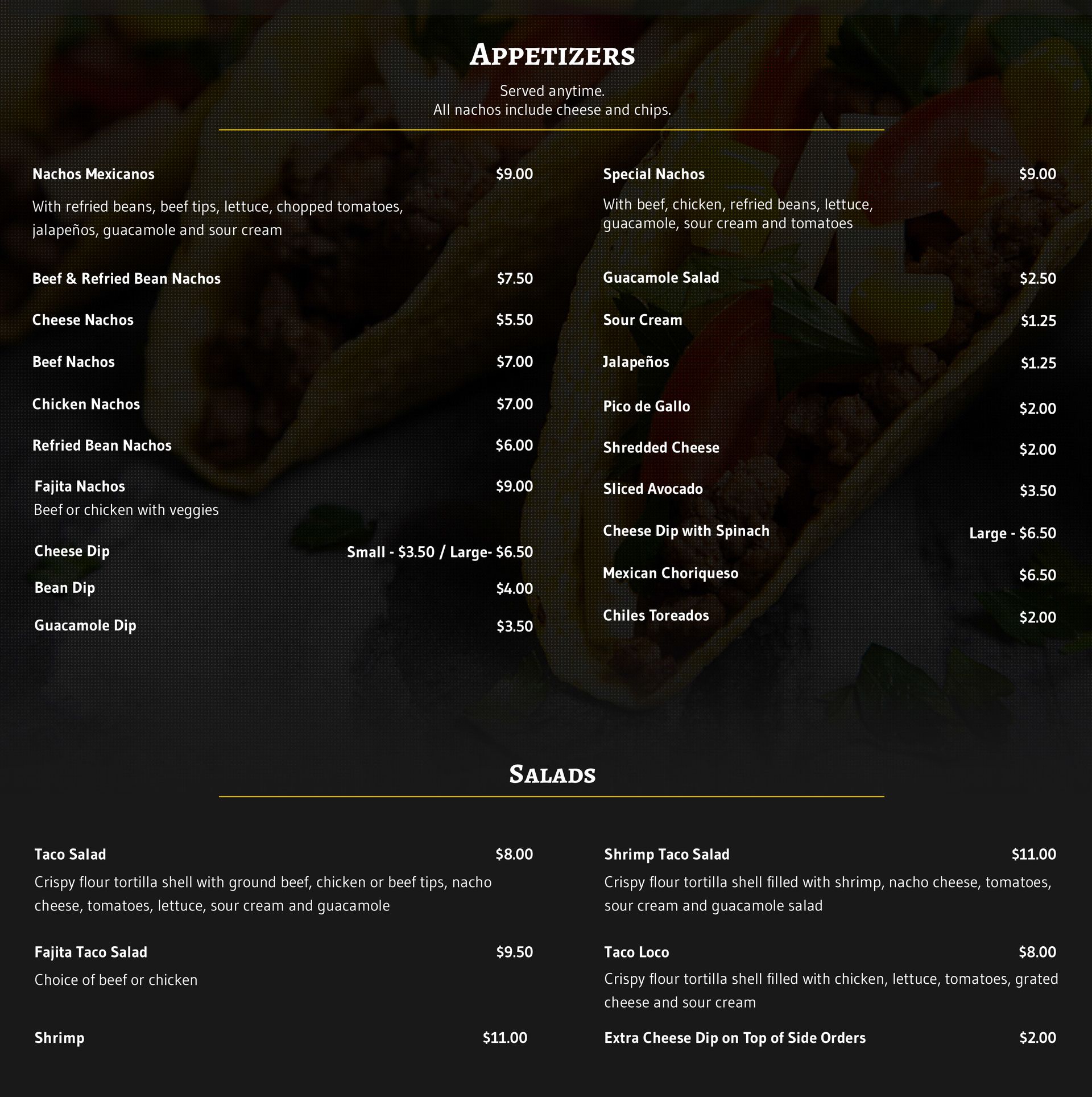 Guayabitos Appetizer and Salad Menu | Maggie Valley, NC