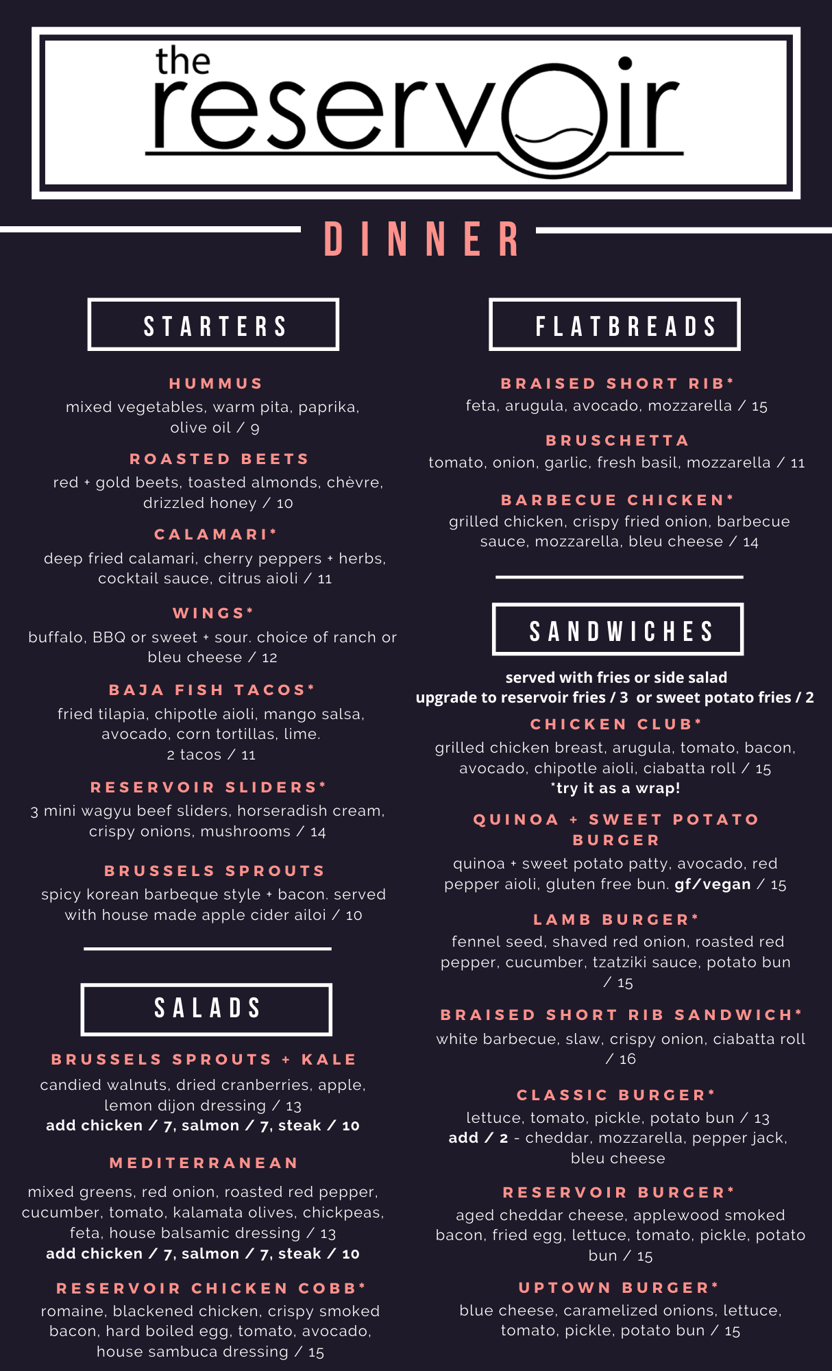 The Reservoir Menu | Uptown | Chicago, IL