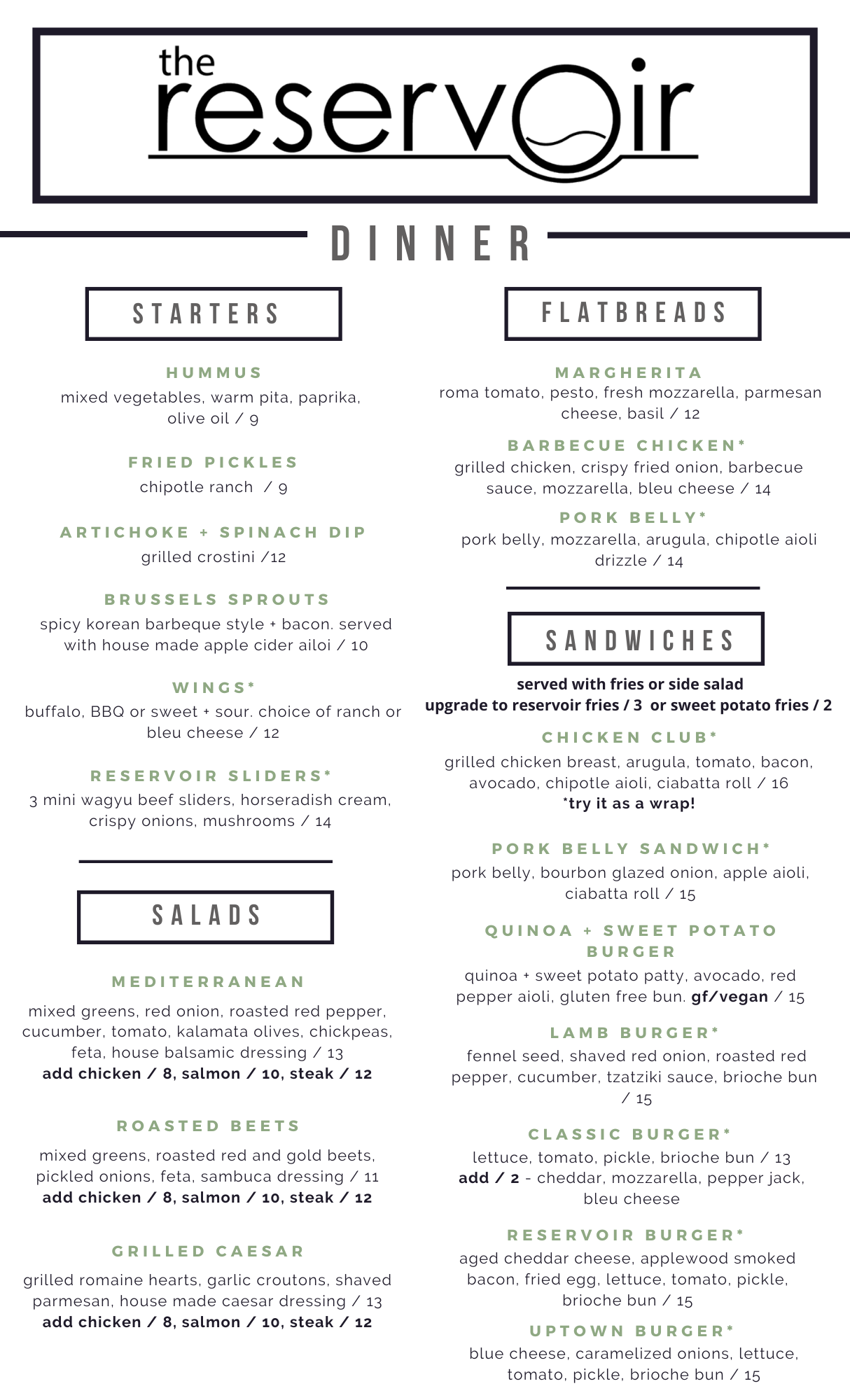 The Reservoir Menu | Uptown | Chicago, IL