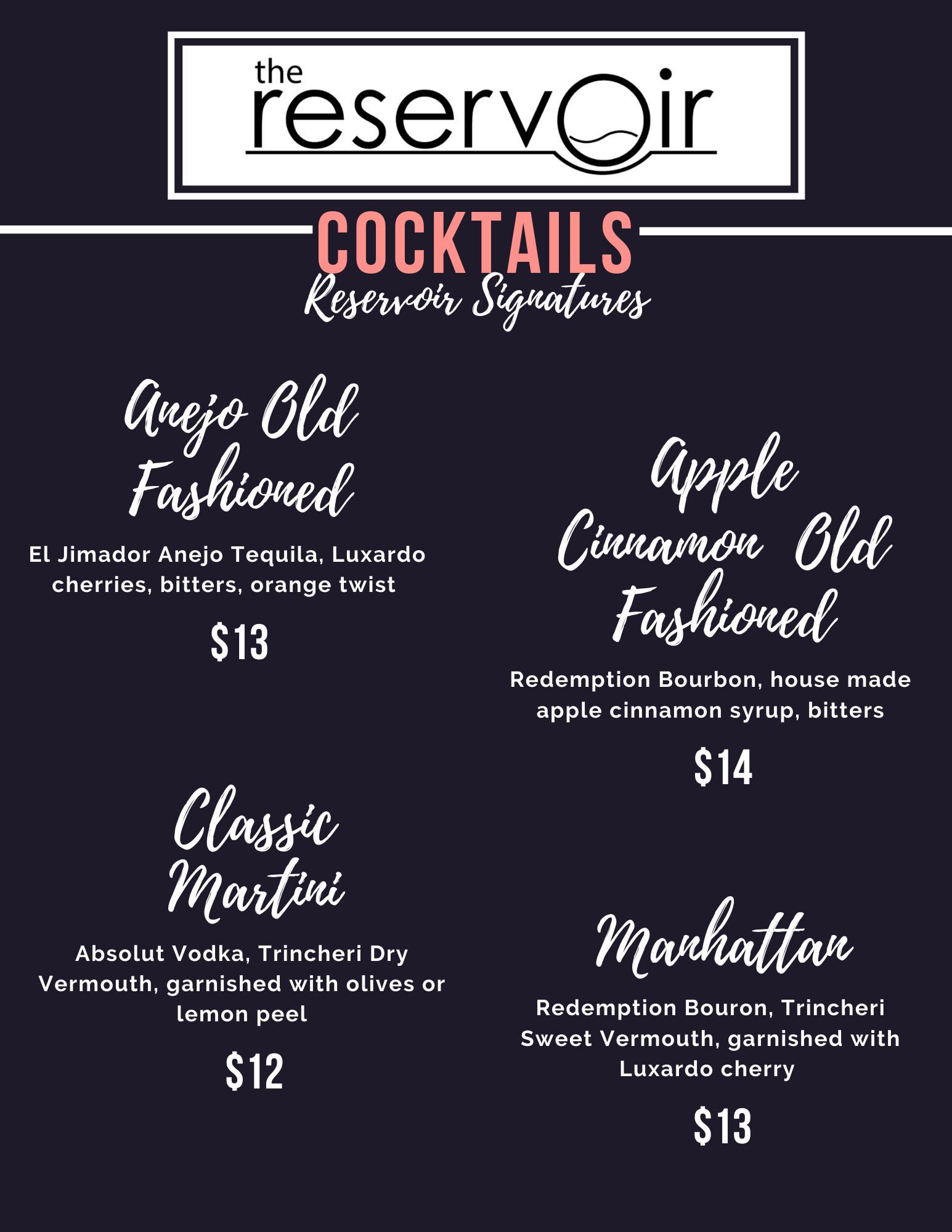 The Reservoir Drinks Menu | Uptown | Chicago, IL