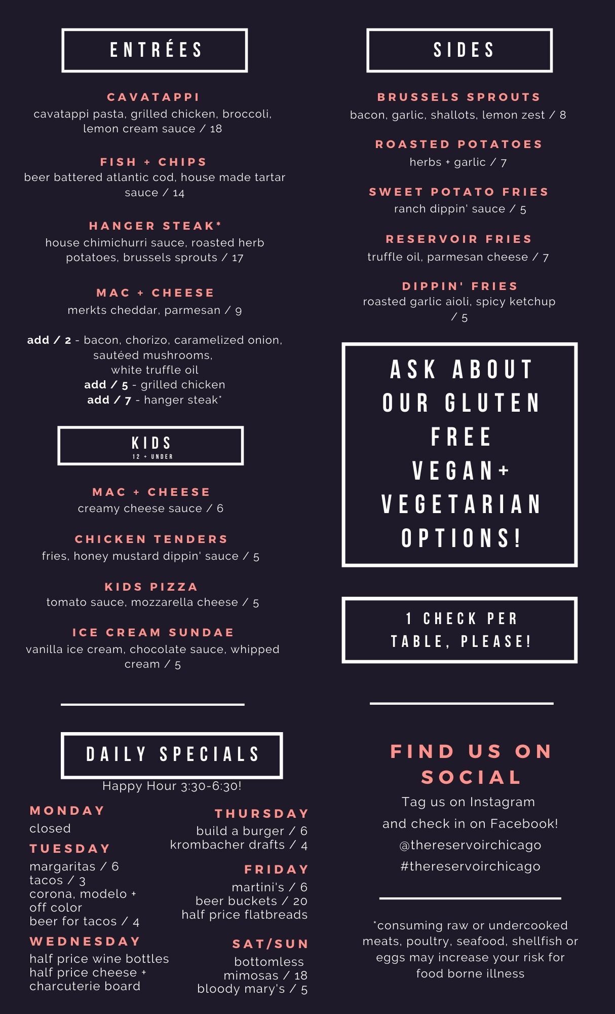 The Reservoir Menu | Chicago, IL