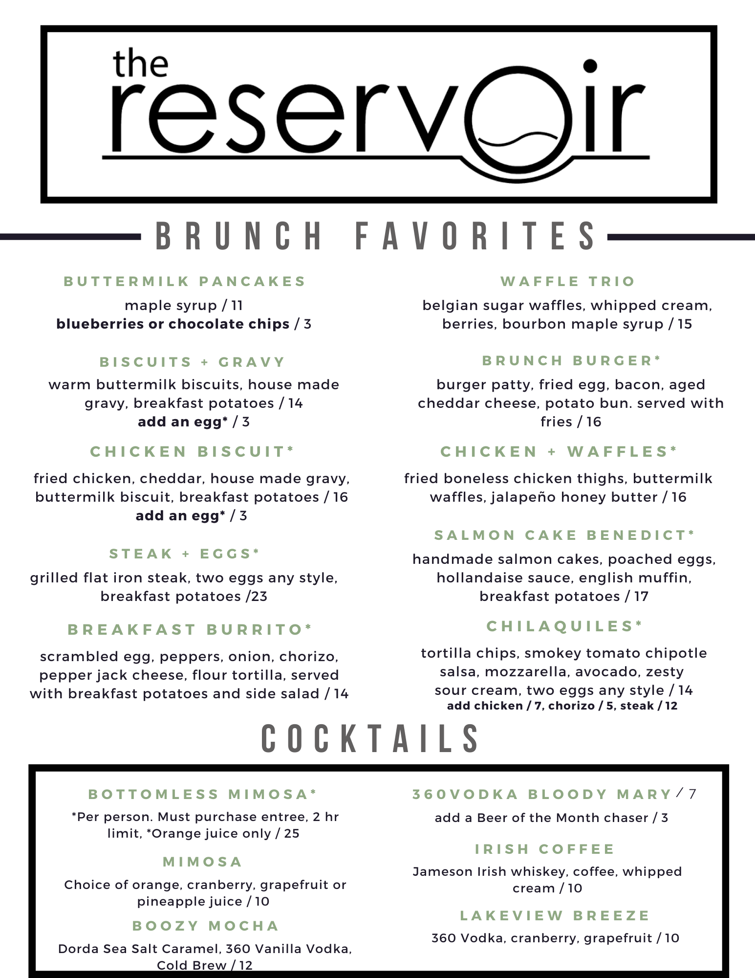 The Reservoir Brunch Menu | Uptown | Chicago, IL