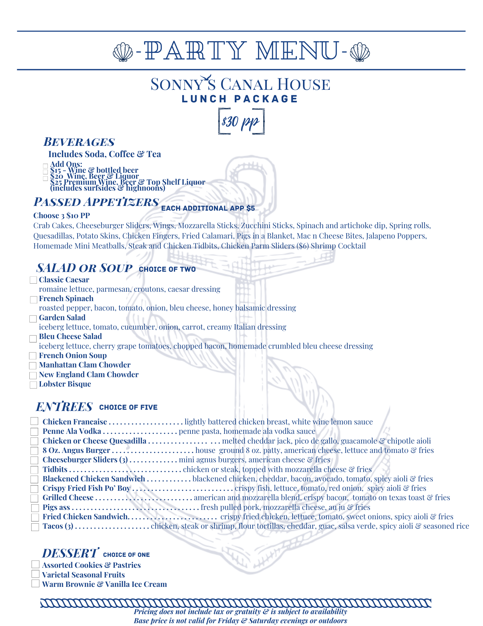 Sonny's Canal House Party Menu | Baldwin, NY