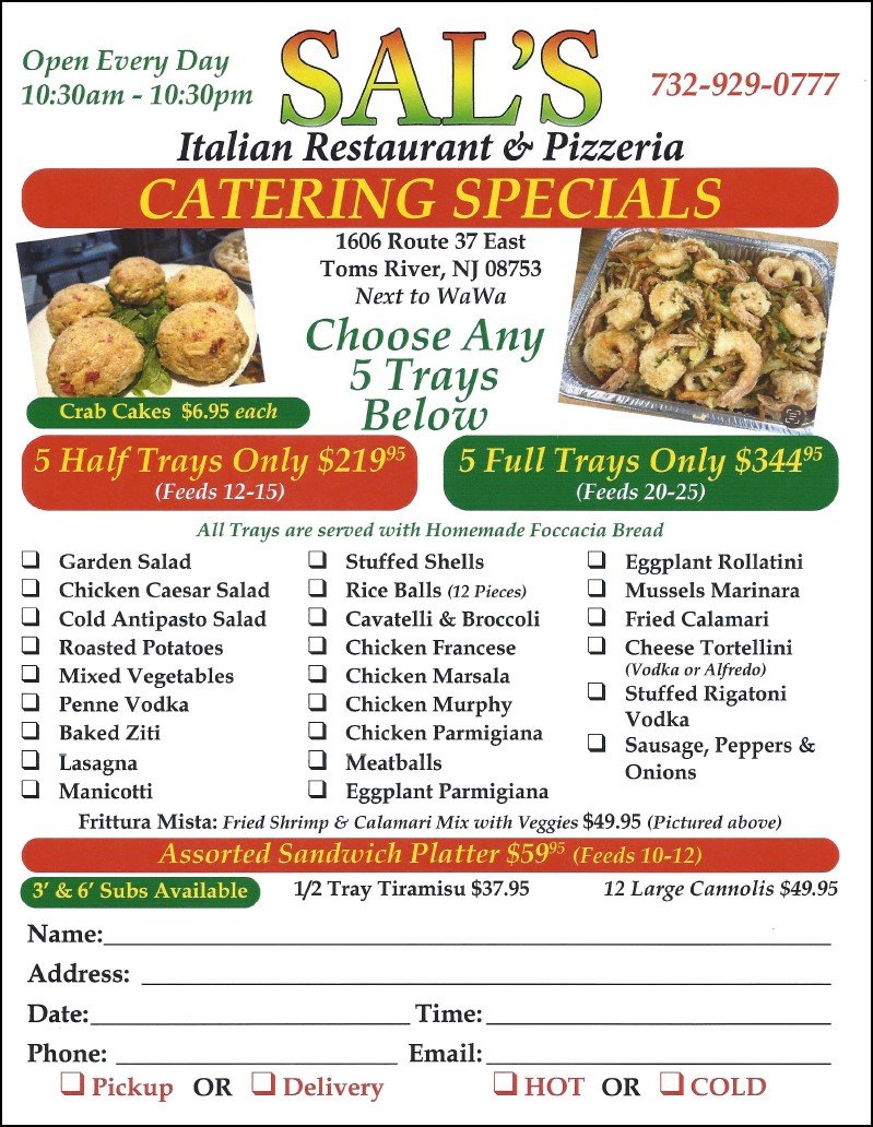Sal's Italian Restaurant & Pizzeria Catering Menu Toms River