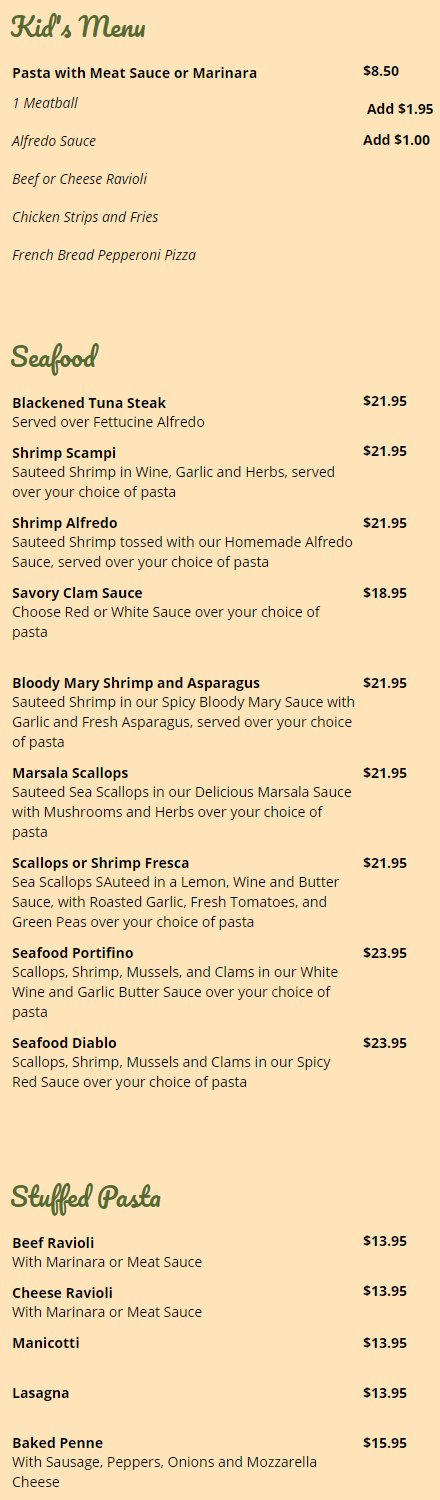 Mario's Italian Restaurant and Lounge Dinner Menu | Lake Havasu City