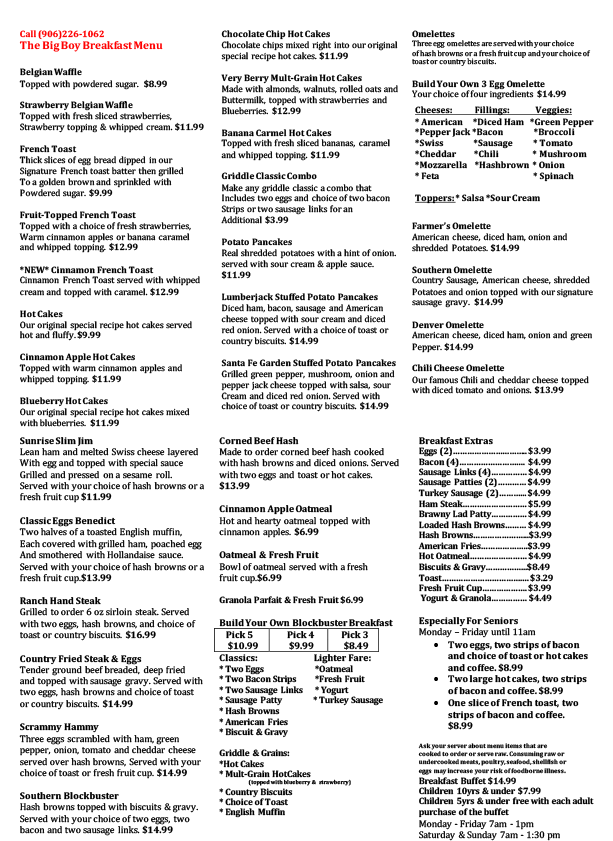 Big Boy Restaurant Menu | Marquette, MI