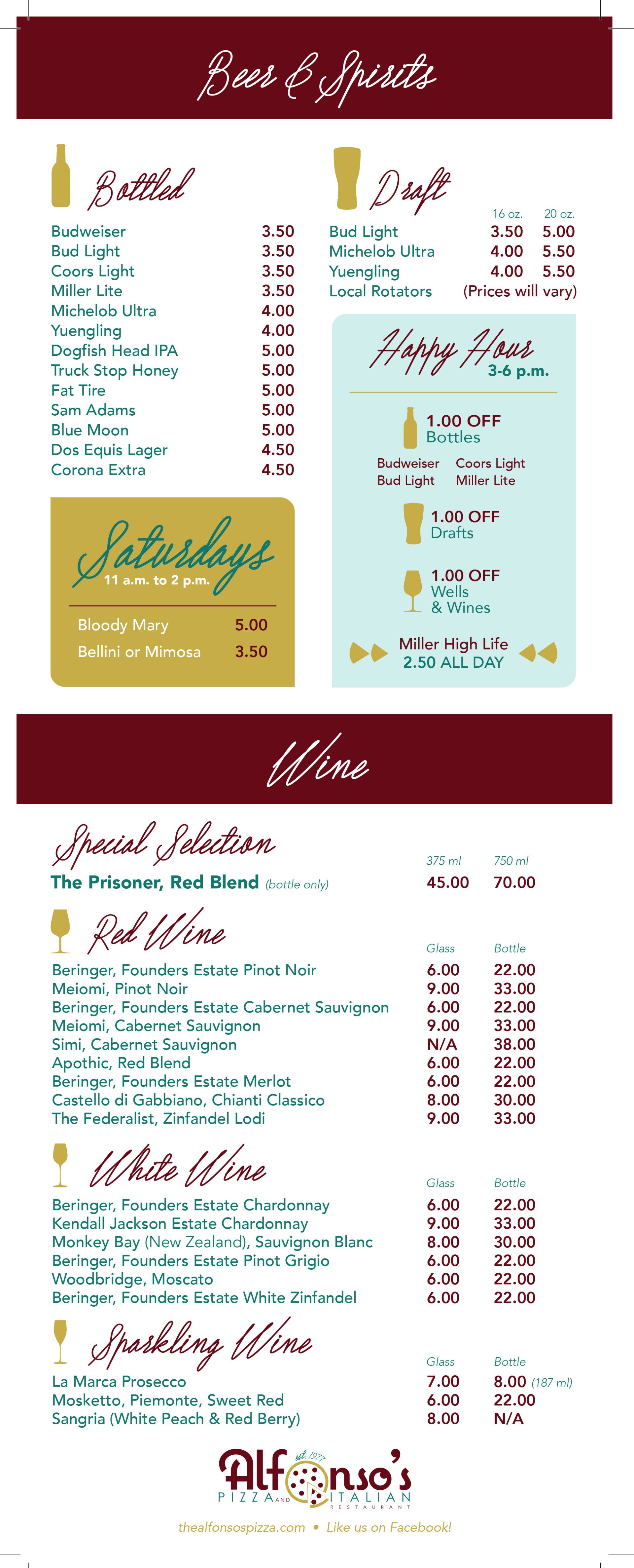 Alfonso's Pizza & Italian Restaurant Bar Menu Decatur