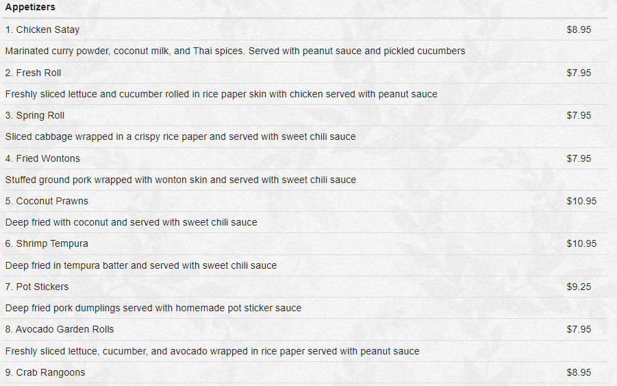 151 Thai Bistro Menu | Iron Mountain, MI