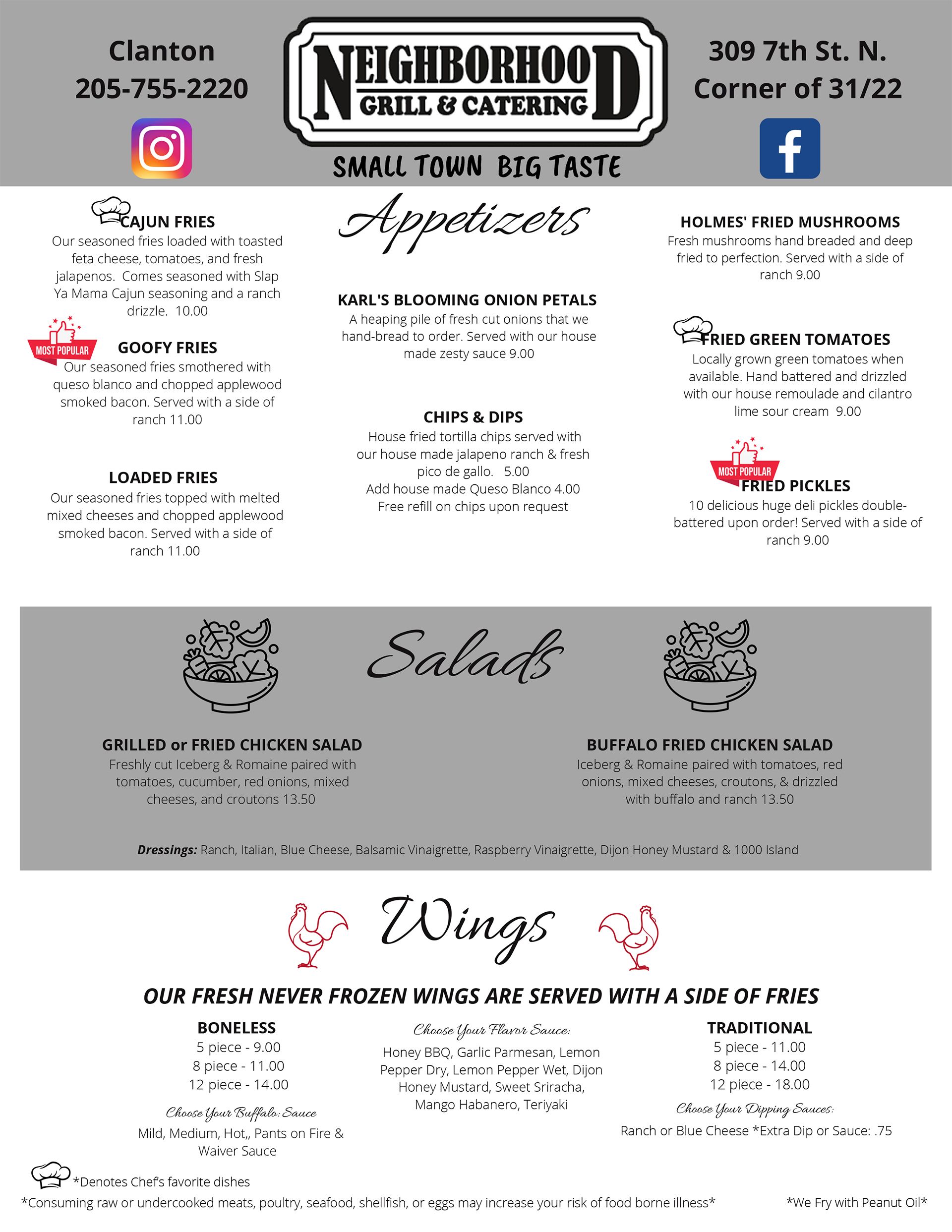 Neighborhood Grill & Catering Dinner Menu | Clanton, AL