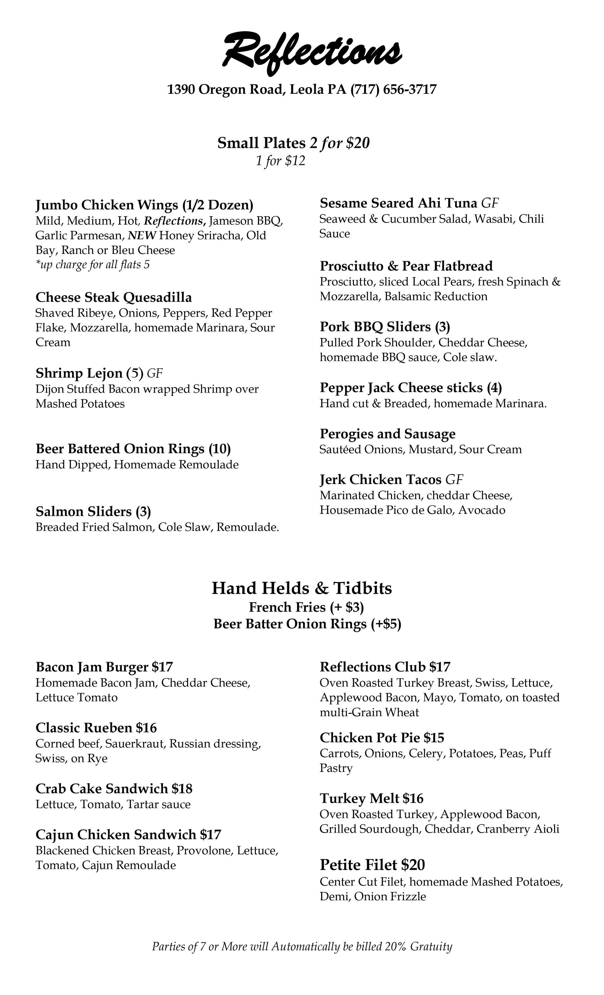 Main Menu | Reflections Restaurant