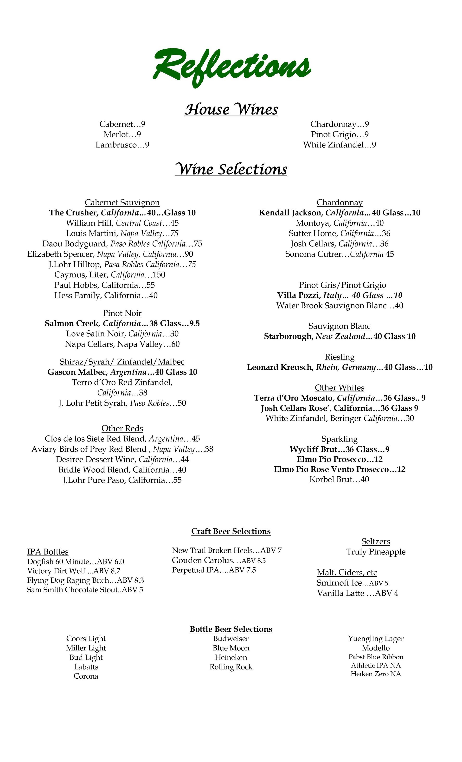 Main Menu | Reflections Restaurant