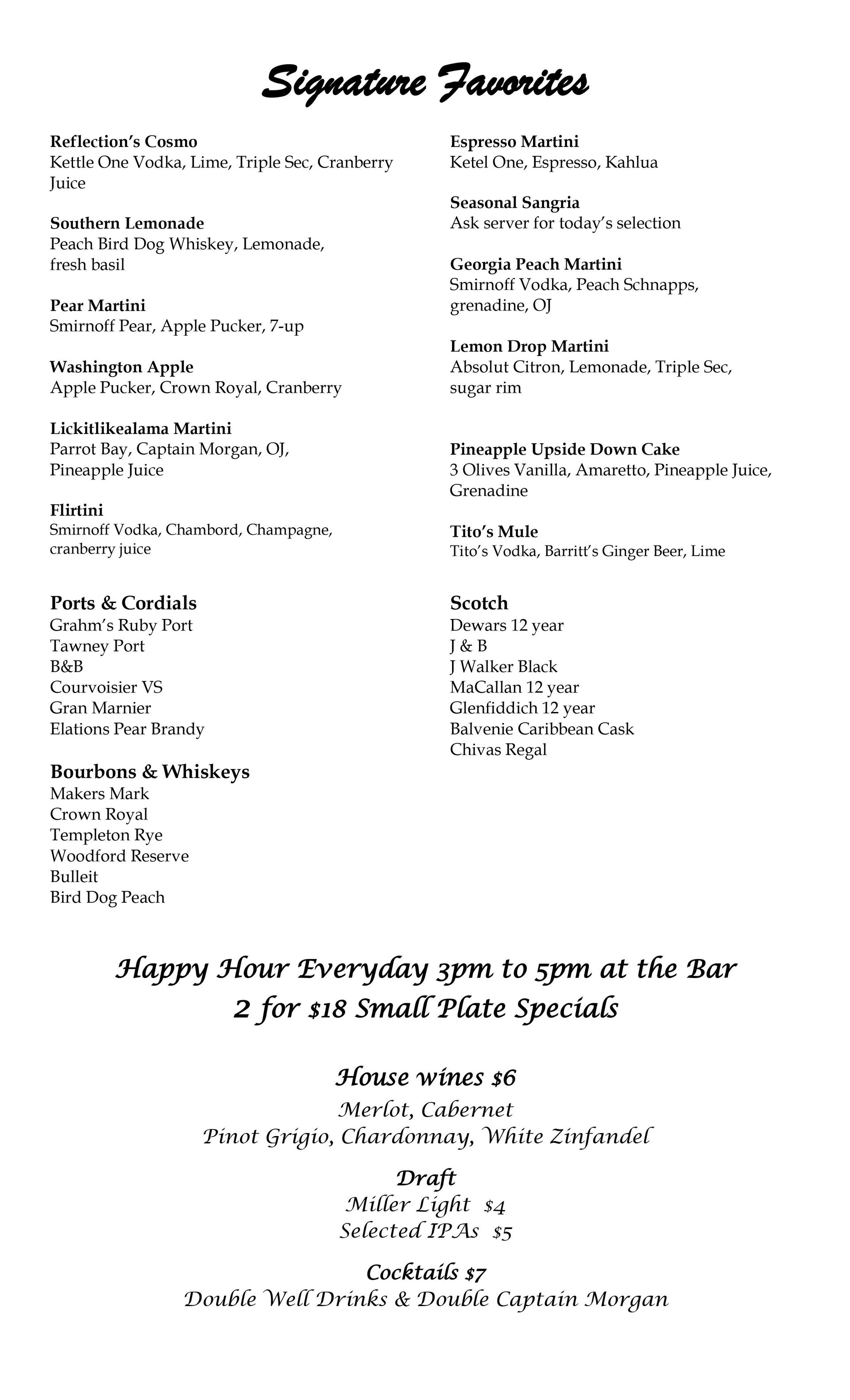 Main Menu | Reflections Restaurant