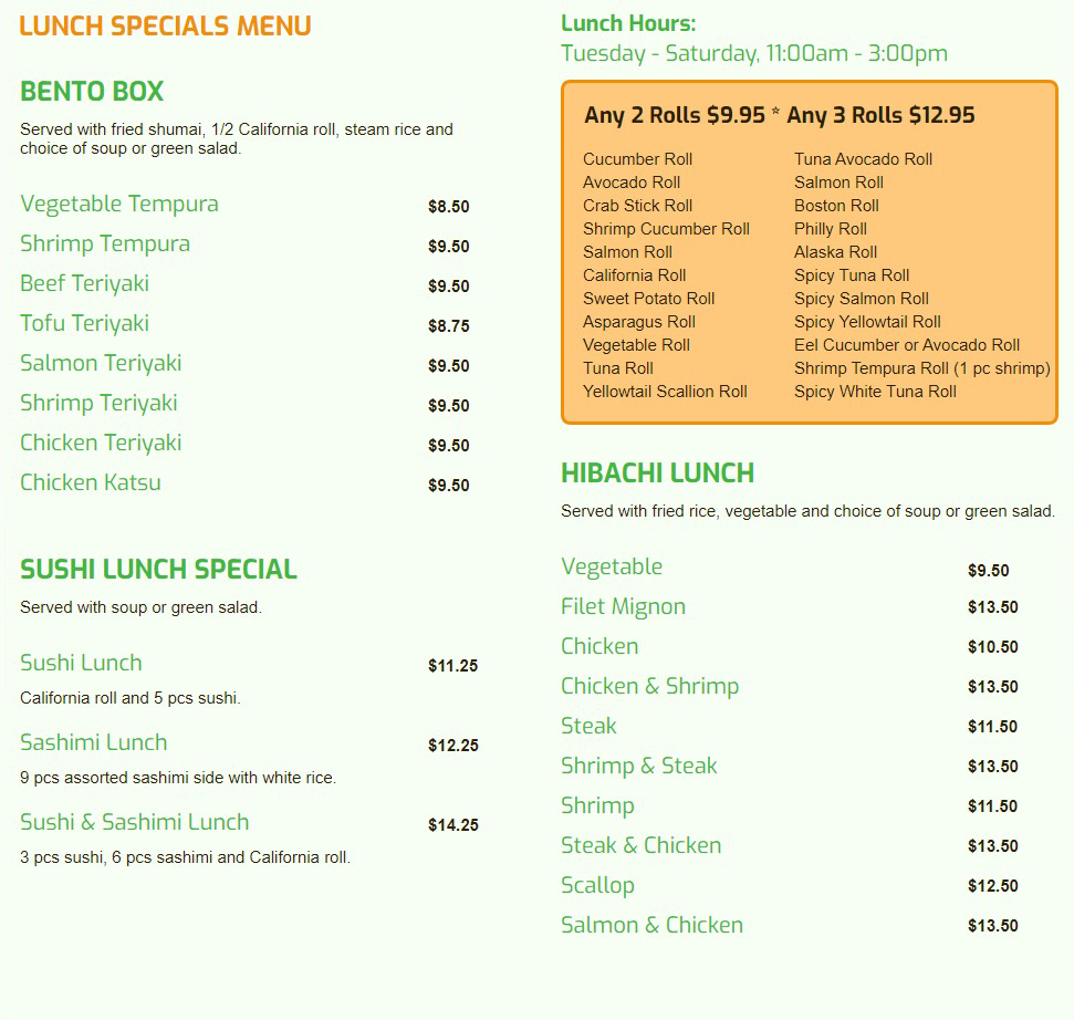 YAMA Sushi Lunch Specials Menu | Plattsburgh, NY