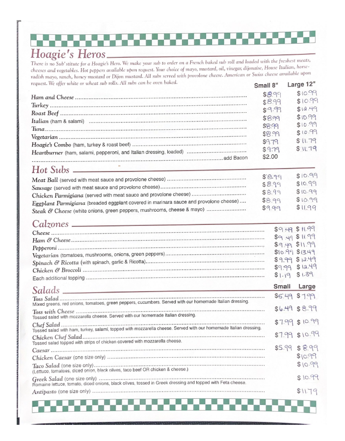 Hoagie's Pizza & Pasta Menu I Essex, VT