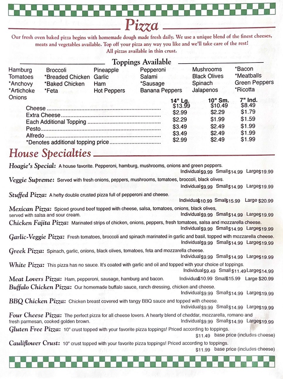 Hoagie's Pizza & Pasta Menu I Essex, VT