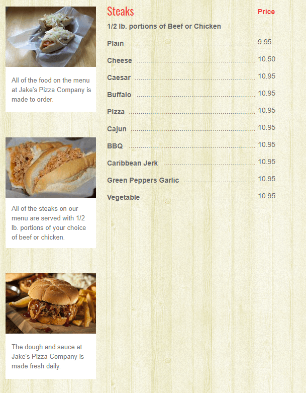 Jake's Pizza Company Steak Menu | West Cape May, NJ