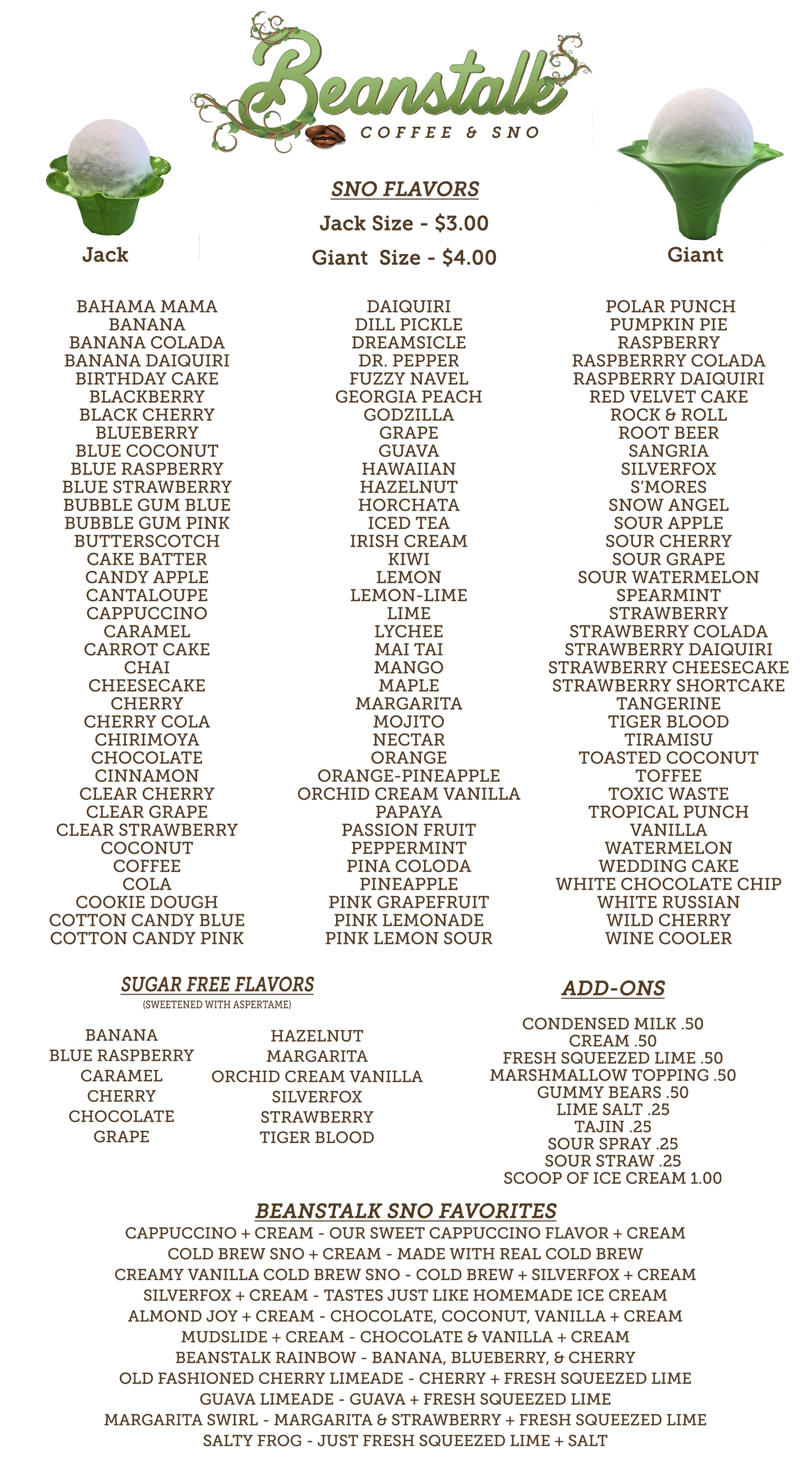 Beanstalk Coffee & Sno Snow Cone Menu | Norman, OK