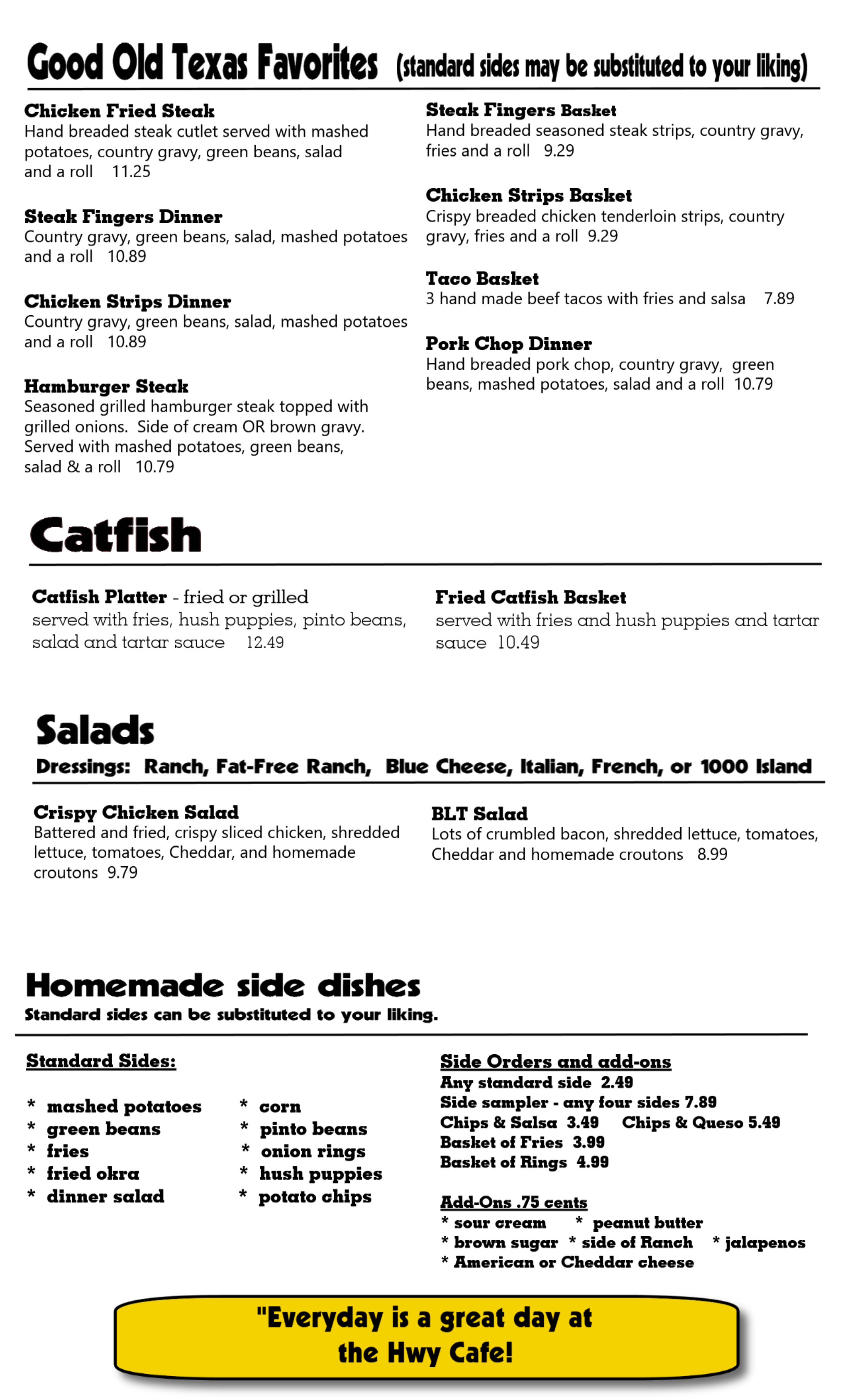 Highway Cafe Breakfast and Lunch Menu | Wichita Falls, TX