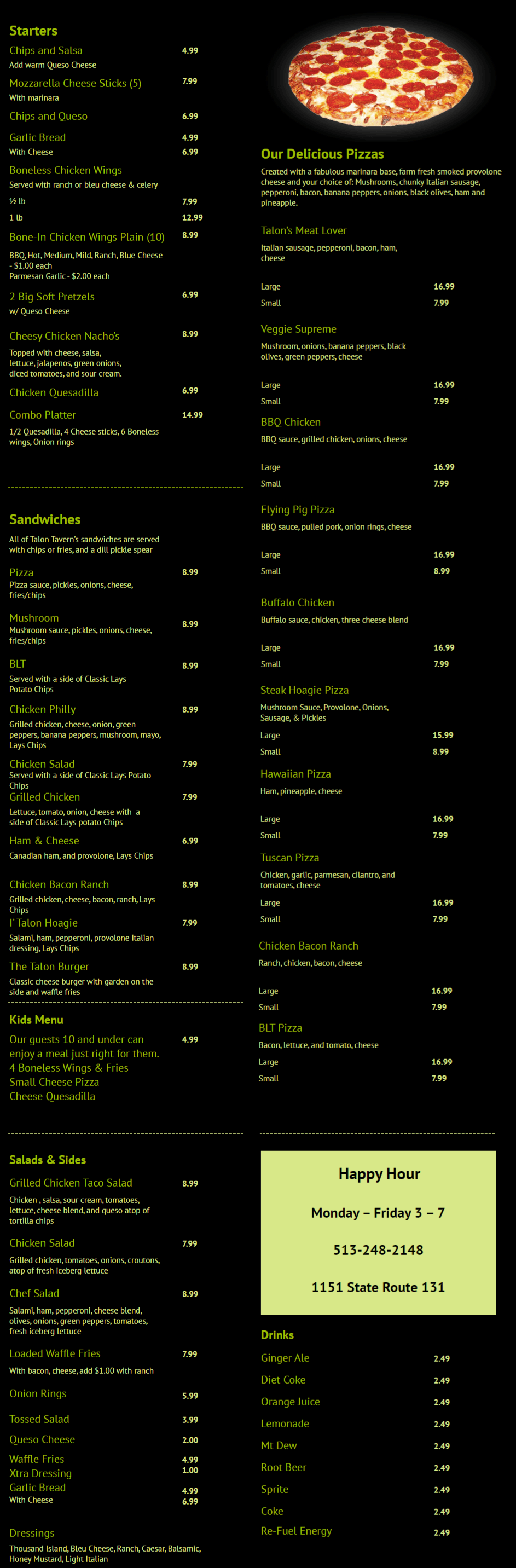 The Talon Tavern Menu - American Restaurant | Milford, OH