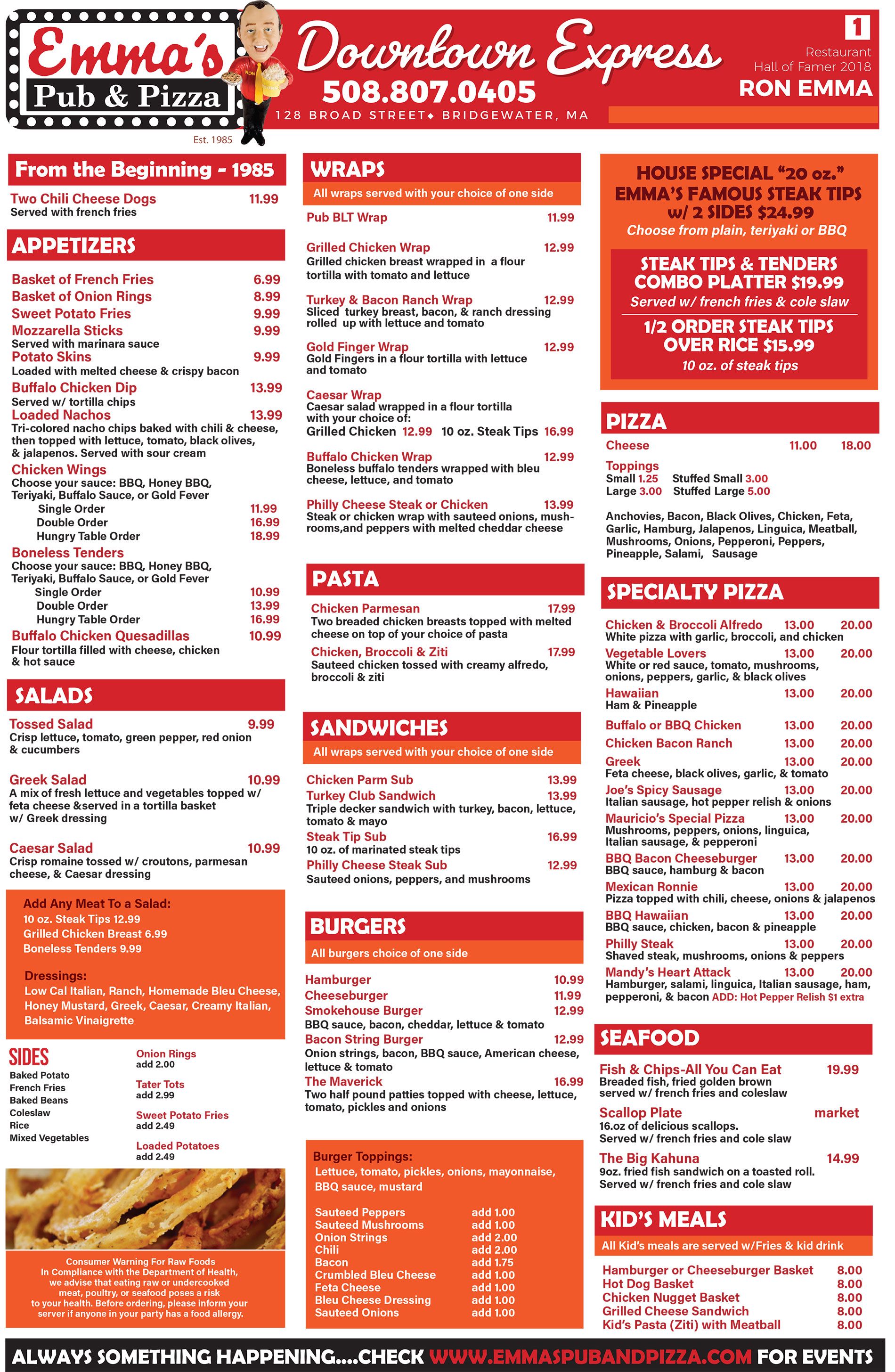 Downtown Express Menu | Emma's Pub & Pizza