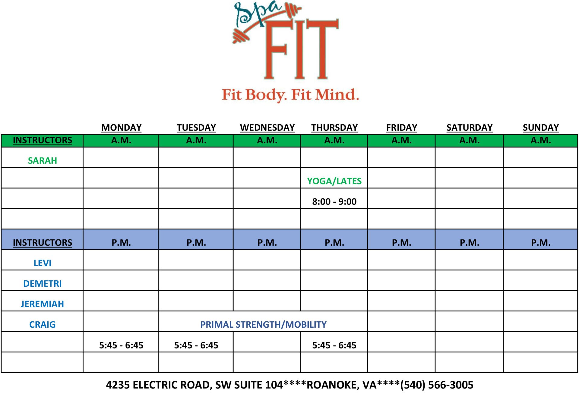 Spa Fit Class Schedule Roanoke VA